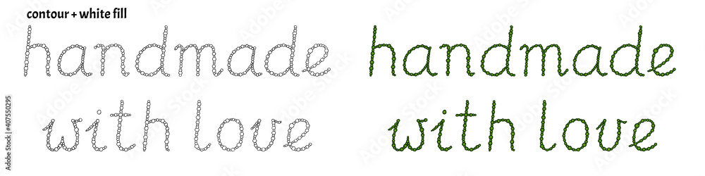 Set of hand drawn doodle words "handmade with love" in two versions ...