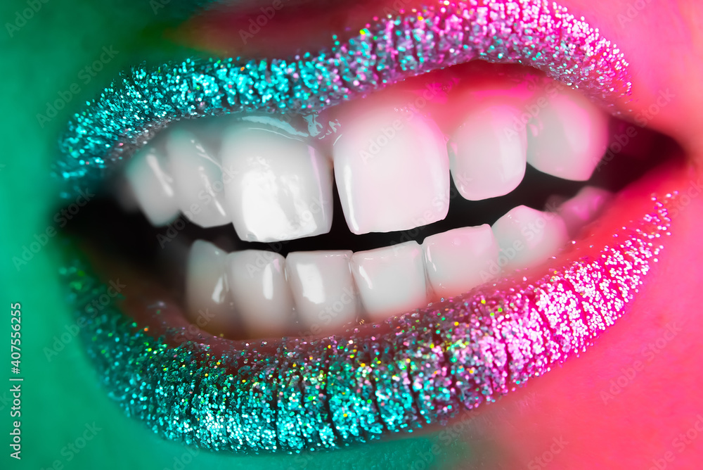 Anger mouth gesture of fashion model with sparkles on lips. Sinister ...