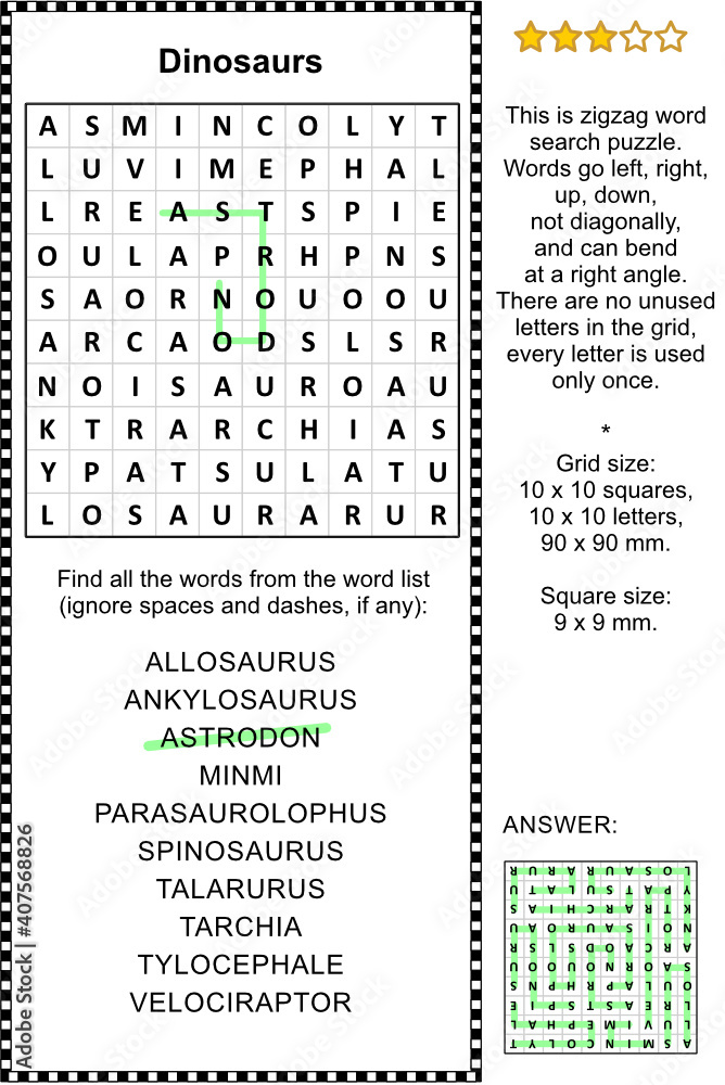 Dinosaurs themed zigzag word search puzzle (suitable both for kids and ...