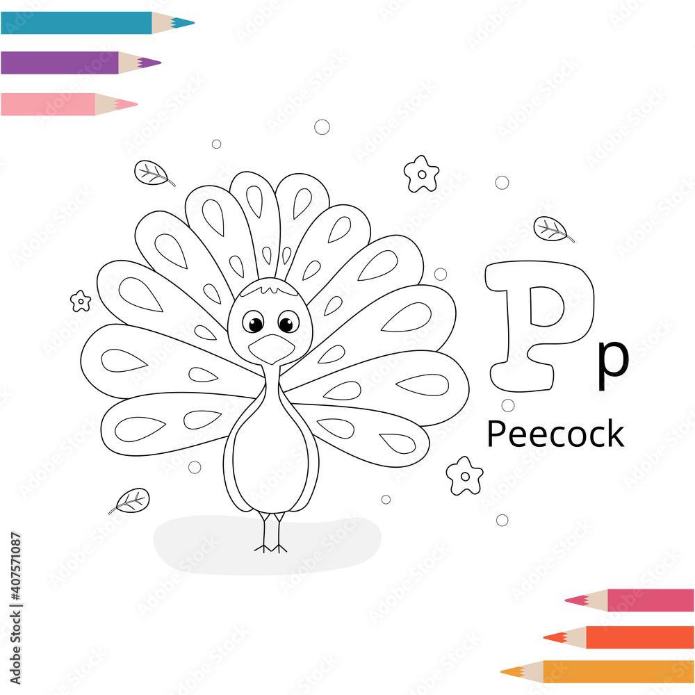 Animal alphabet coloring book page for kids. Vector illustration. Hand ...