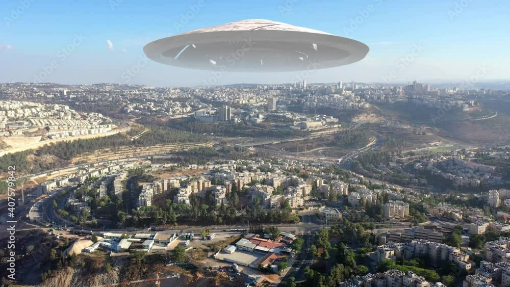 Alien Spaceship ufo Hovering over Jerusalem city-Aerial view , Drone ...