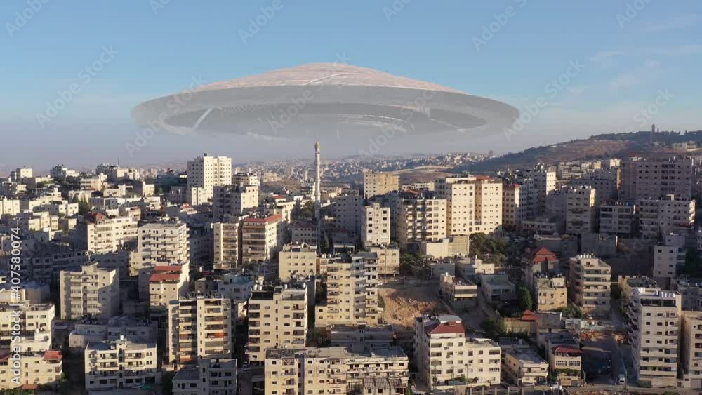 Large Alien spaceship sacuer ufo over Muslim town, Aerial , Aerial ...