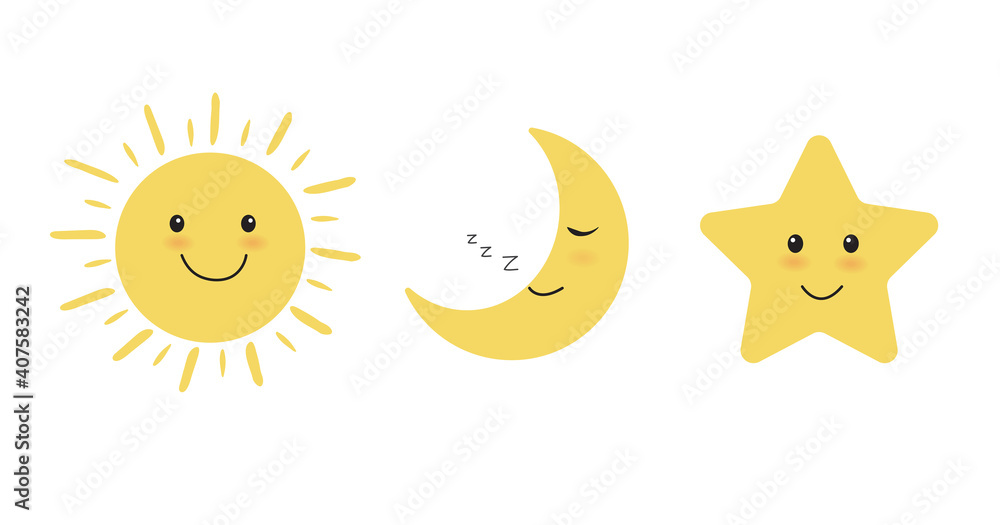 Sun, moon and star icon on white background. Cute sun and star smiling ...