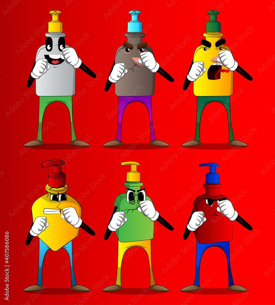 Cartoon bottle of hand sanitizer gel for hygiene with face holding his ...