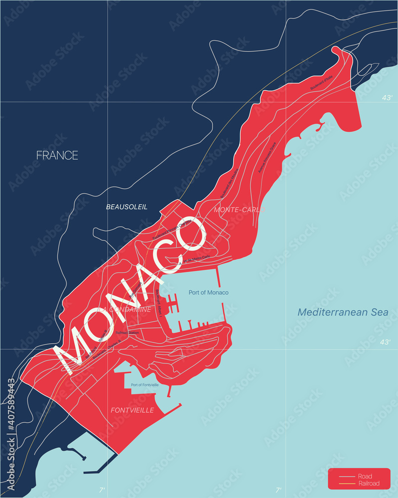 Monaco country detailed editable map with regions cities and towns ...