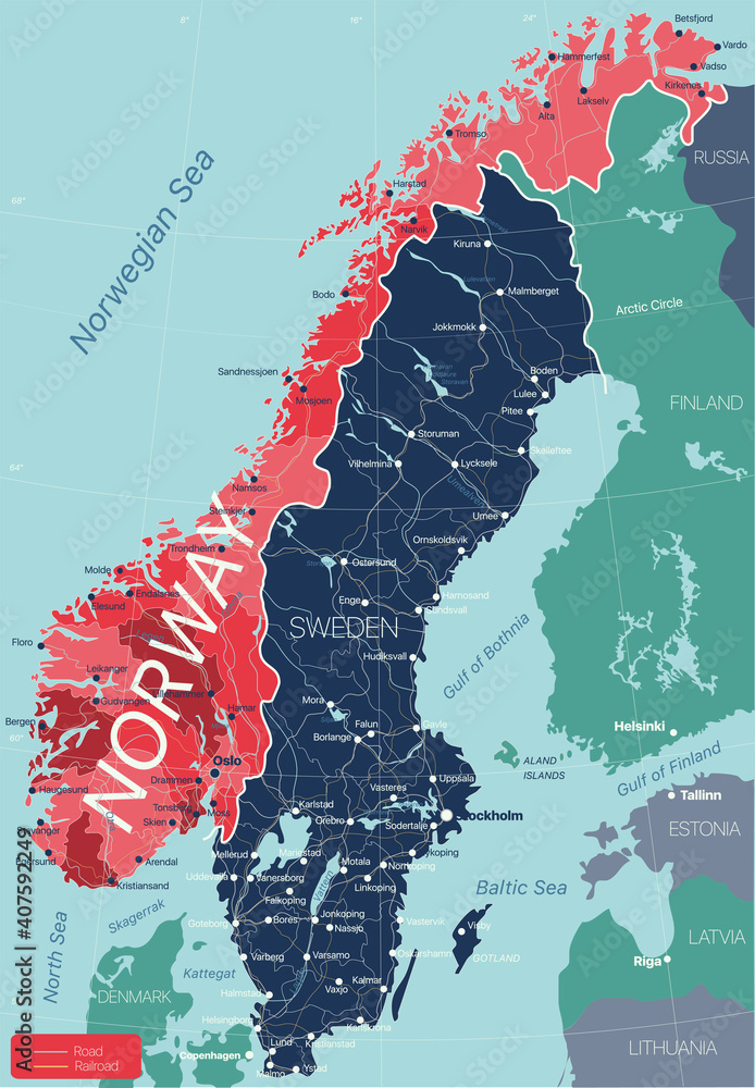 Norway country detailed editable map with regions cities and towns ...