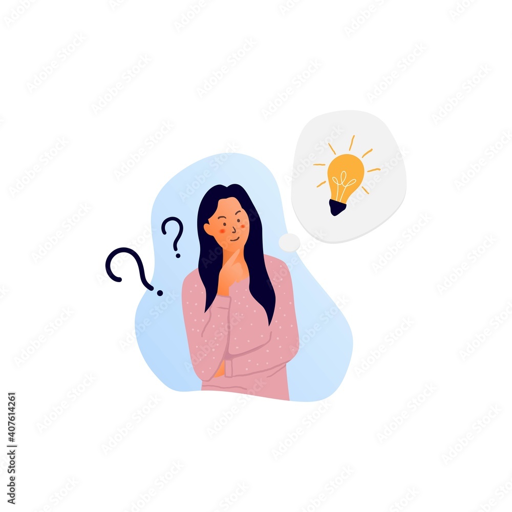 Problem solving concept, woman thinking vector, with question mark and light bulb icons. Hand ...