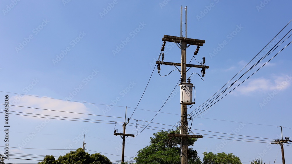 Transformer on pole. Single phase transformer with fuse for converting ...