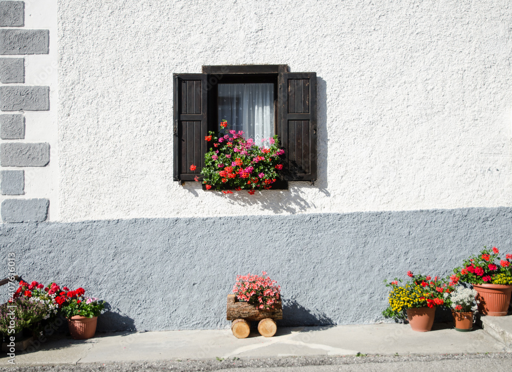 Characteristic window with flower pots in a village in the Italian ...