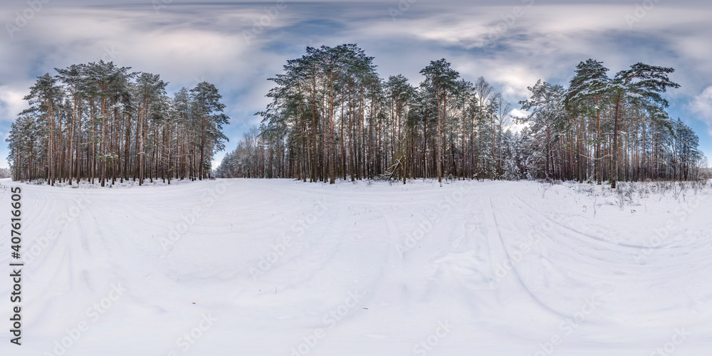 Winter full spherical hdri panorama 360 degrees angle view in snowy ...