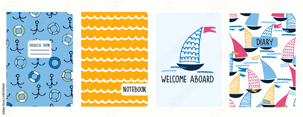Set of cover page templates with sailing boats, anchors, lifesavers ...