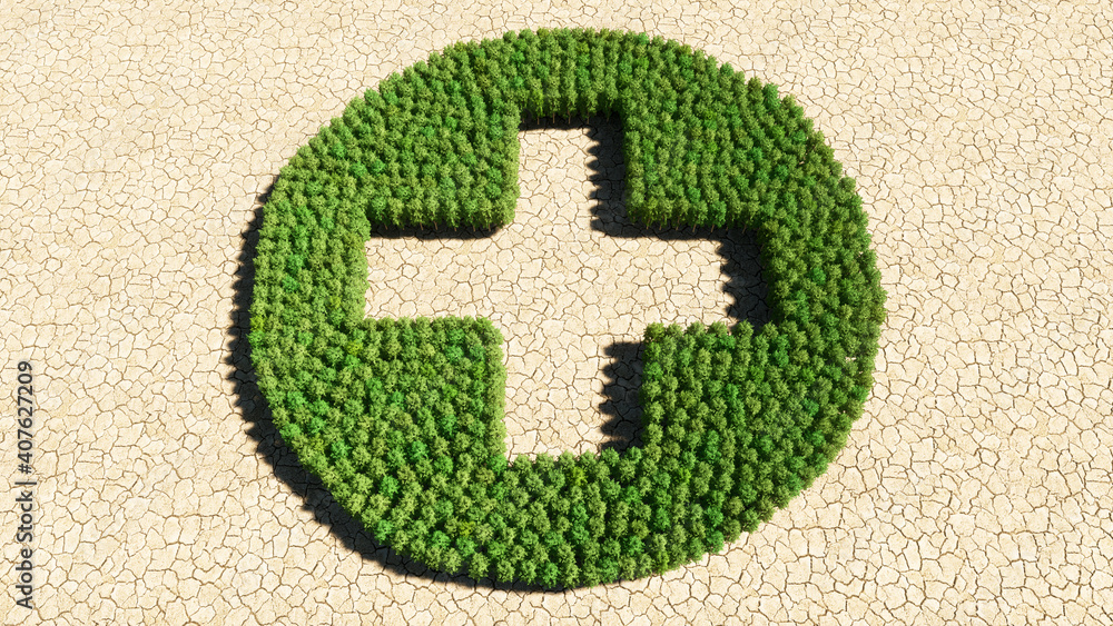 Concept or conceptual group of green forest tree on dry ground ...