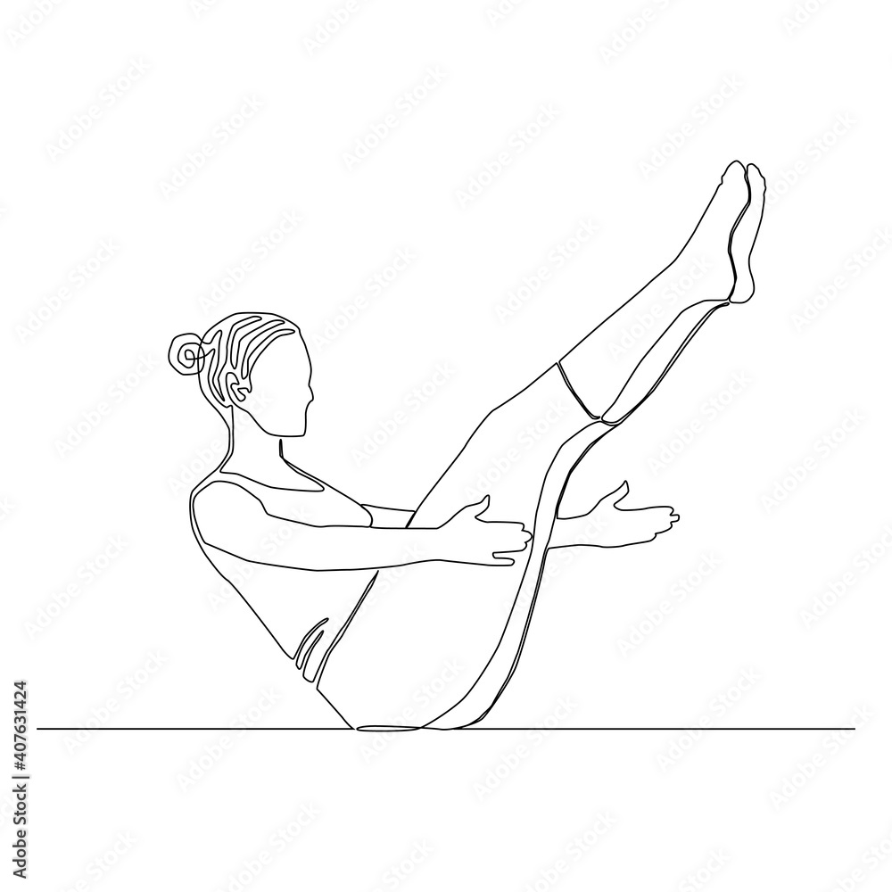 Continuous line of woman doing V-ups exercise vector. Abdominal workout ...