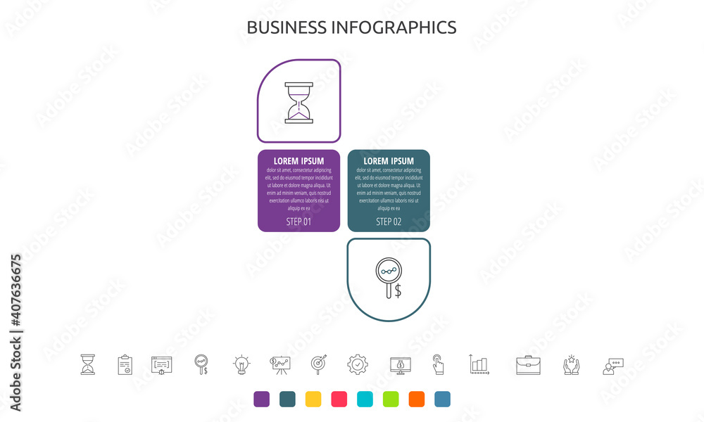 Vector infographics label with 2 steps, icons. Line chart. Timeline ...