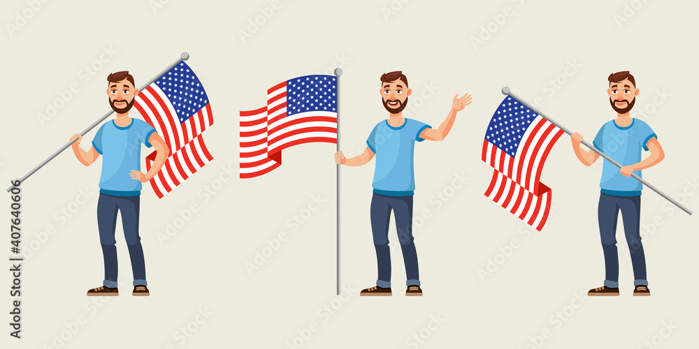 Man holding american flag in different poses. Male character in cartoon ...