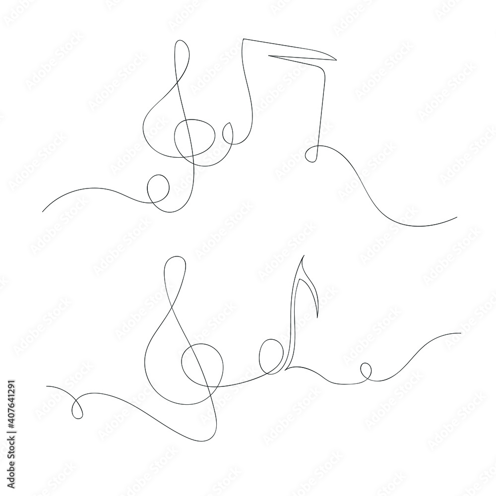 Music. Vector one line illustration. Set of black and white hand drawn ...