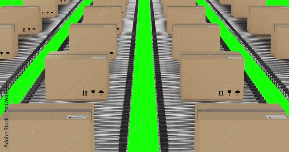 Vidéo Stock Rows of cardboard packing boxes moving on conveyor belts ...
