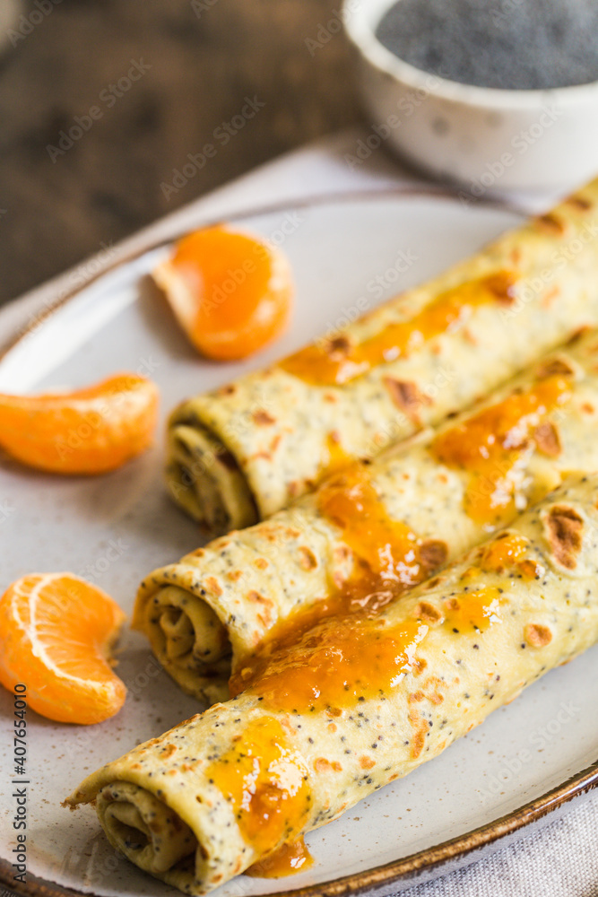 poppy seeds, pancake, dessert, crepe, blini, breakfast, curd ...
