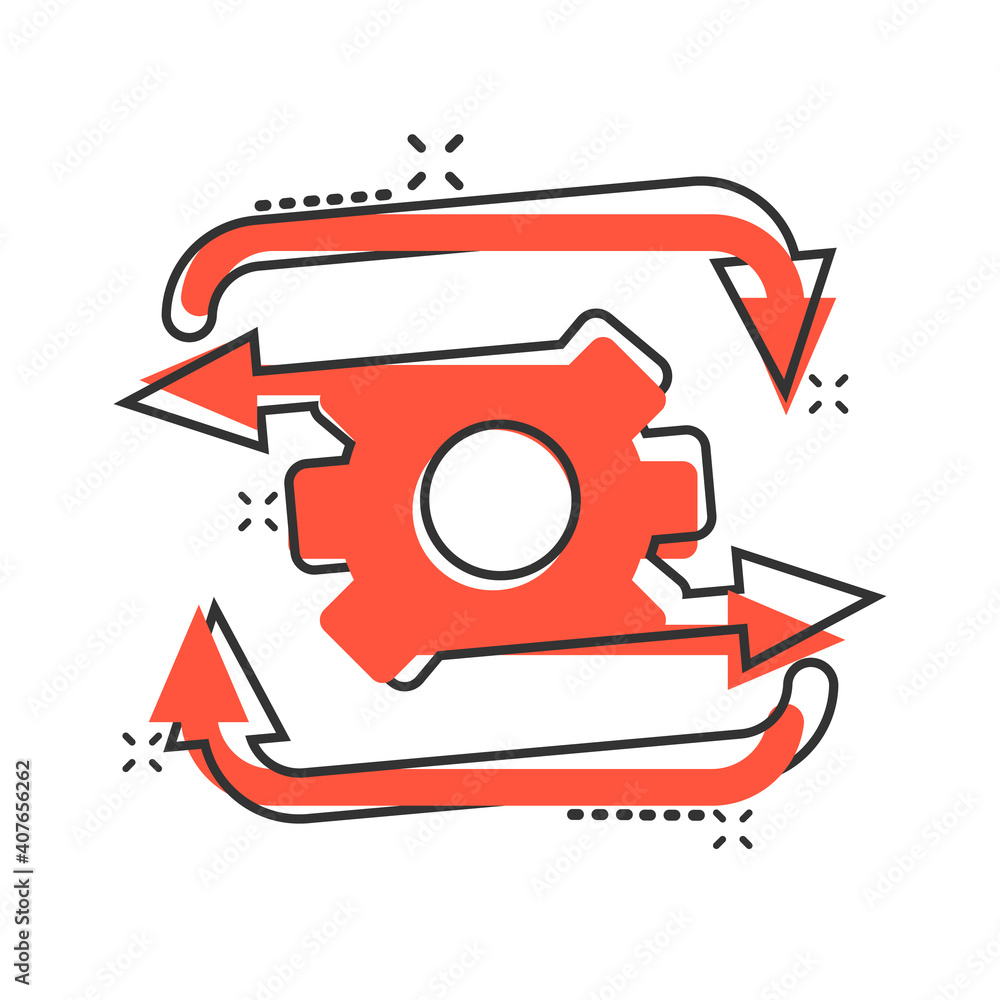 Workflow icon in comic style. Gear effective cartoon vector ...