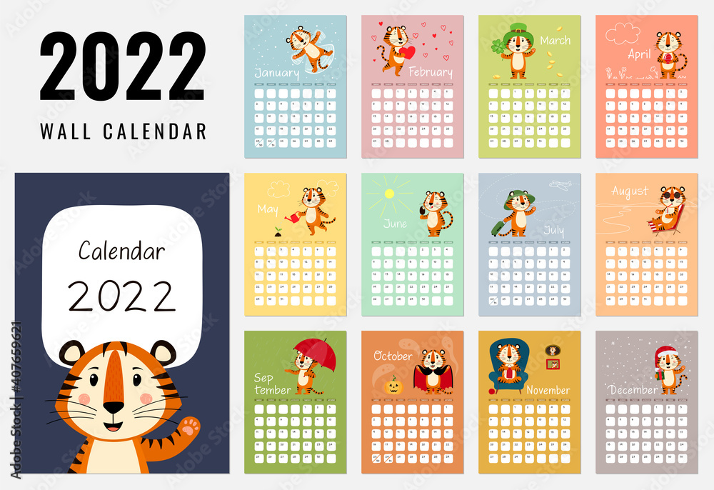 Wall calendar design template for 2022, year of Tiger according to the ...