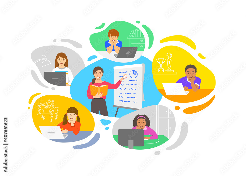 Virtual class online school distance learning teleconference. Kids with ...