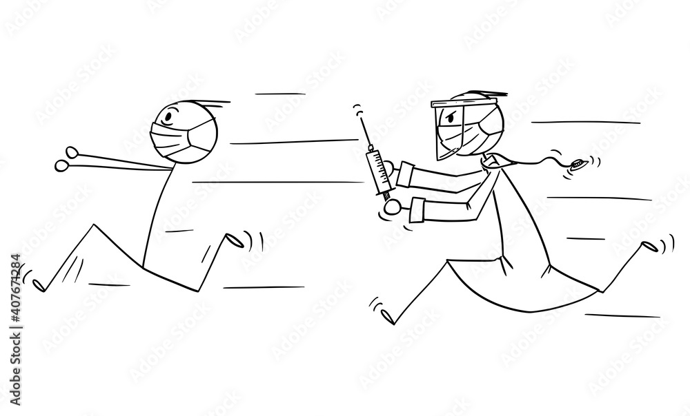 Doctor with vaccine or injection chasing running patient, vector ...