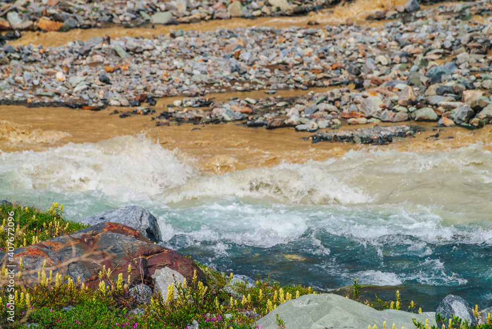 Sunny motley landscape with confluence of three rivers. Beautiful vivid ...