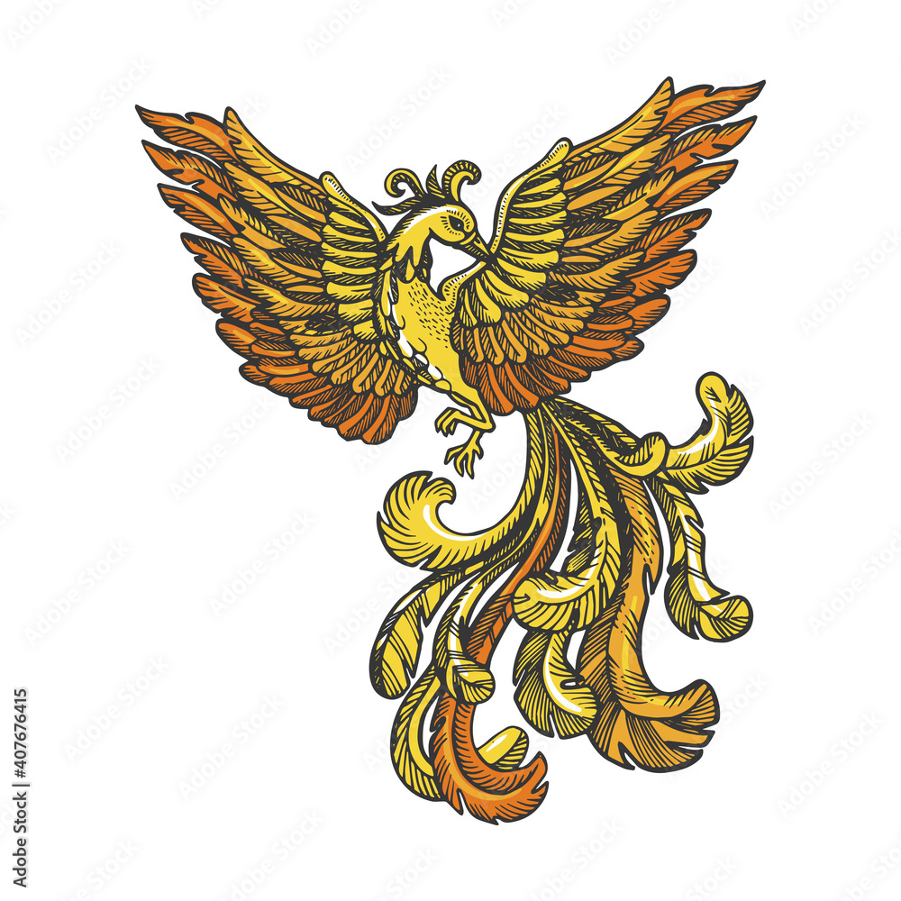 Firebird myth animal sketch color engraving vector illustration ...