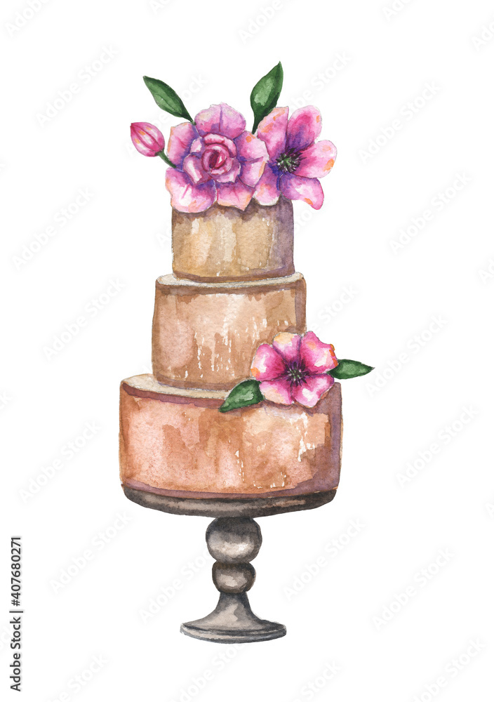 Watercolor wedding three-tiered sponge cake with pink flowers on a cake ...