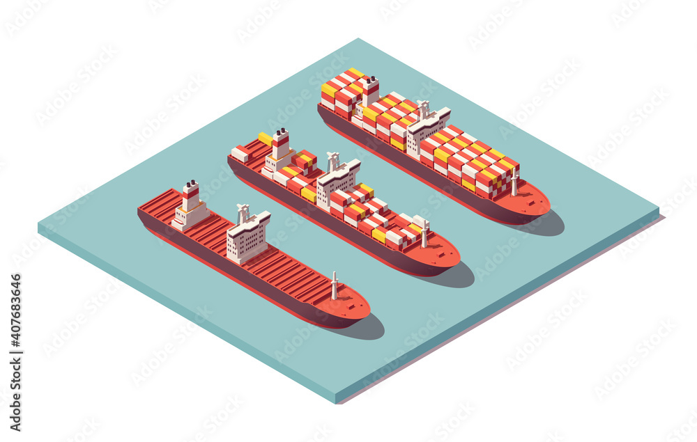 Isometric containerships vessels set. Low poly container ships. Full ...