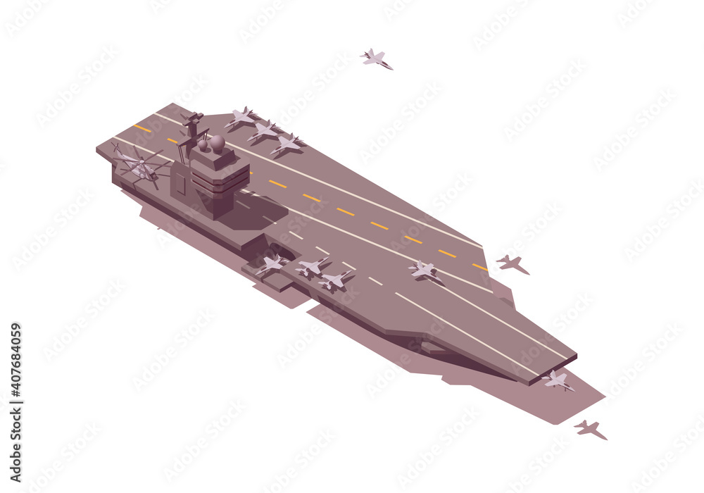 Isometric aircraft carrier vessel. Low poly navy ship with fighters ...