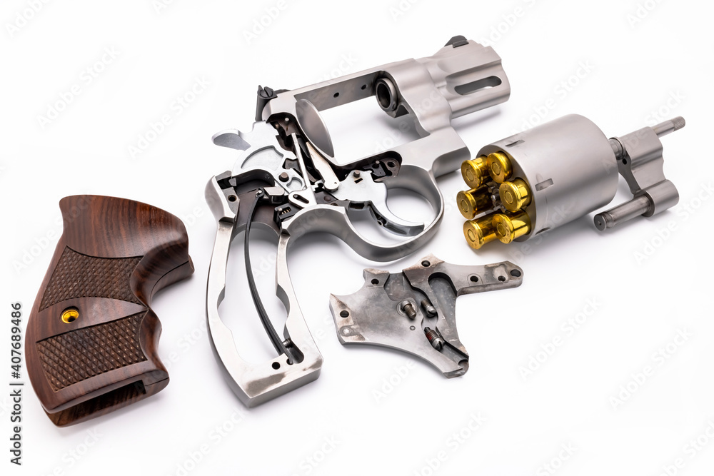 gun and bullets , Disassembled revolver handgun on white background ...