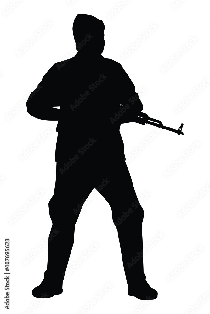 Terrorist with weapon silhouette vector on white background, people ...