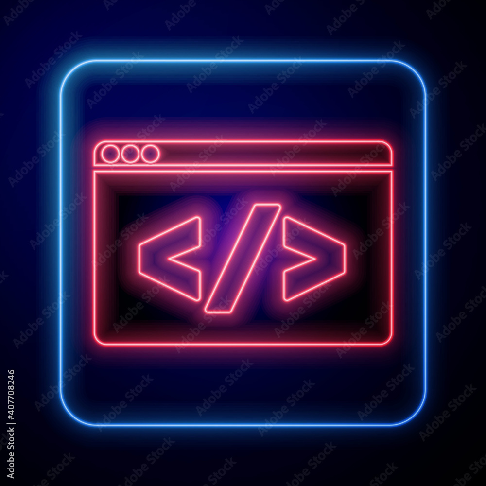 Glowing neon Web design and front end development icon isolated on blue ...