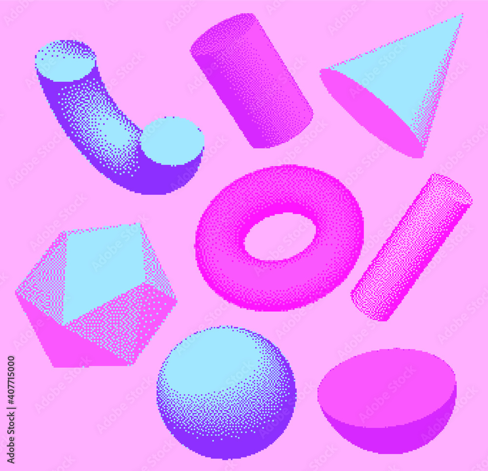 Set of abstract 3D shapes: sphere, torus and icosahedron. Vaporwave and ...