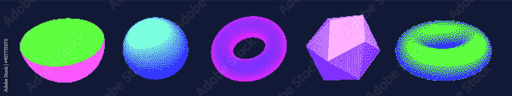 Set of abstract 3D shapes: sphere, torus and icosahedron. Vaporwave and ...