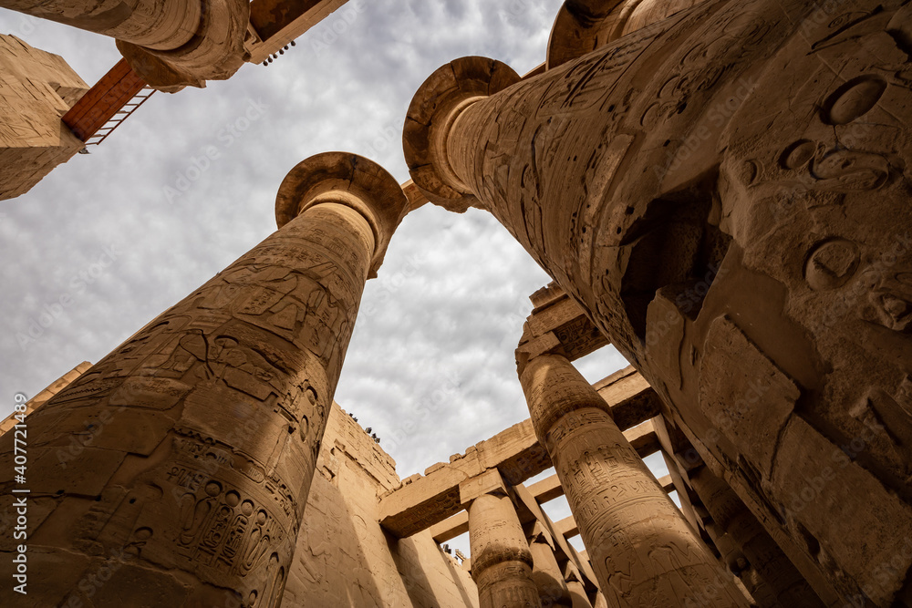 Karnak Temple Complex in Luxor Egypt. Central columns of the Hypostyle ...