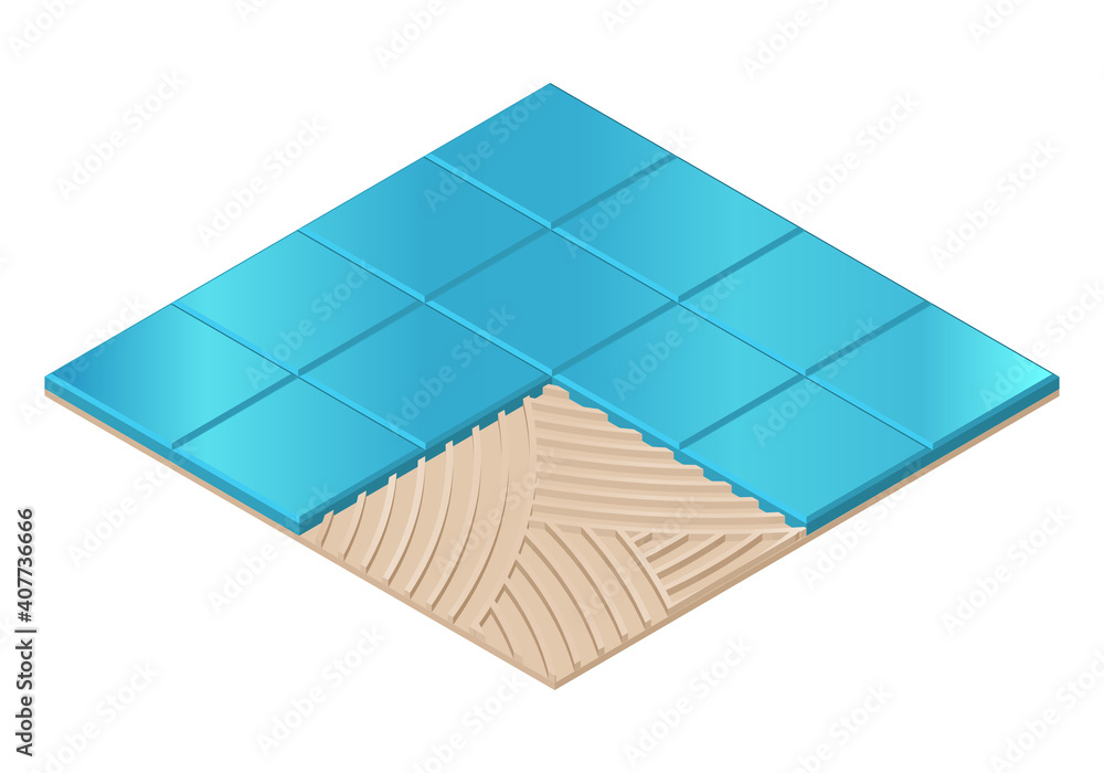 Vector illustration blue ceramic tiles installing with adhesive ...