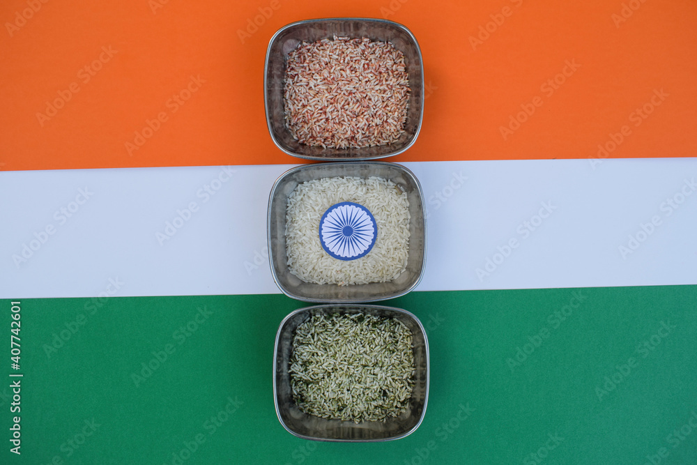 Three colors of rice resembling Indian tri colored India flag with ...