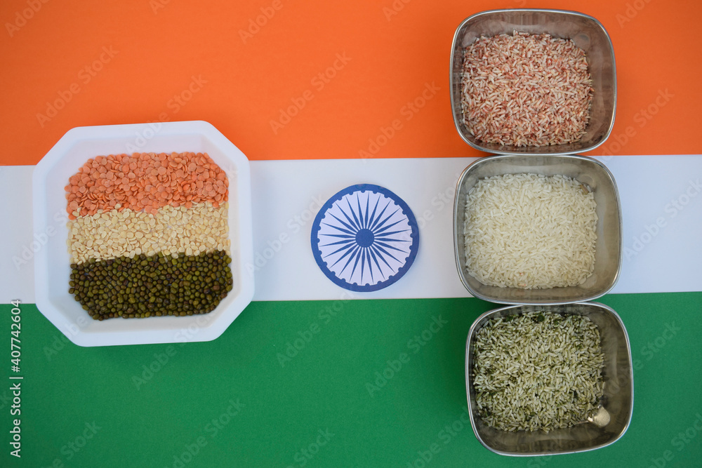 Three colors of rice resembling Indian tri coloured India flag with ...