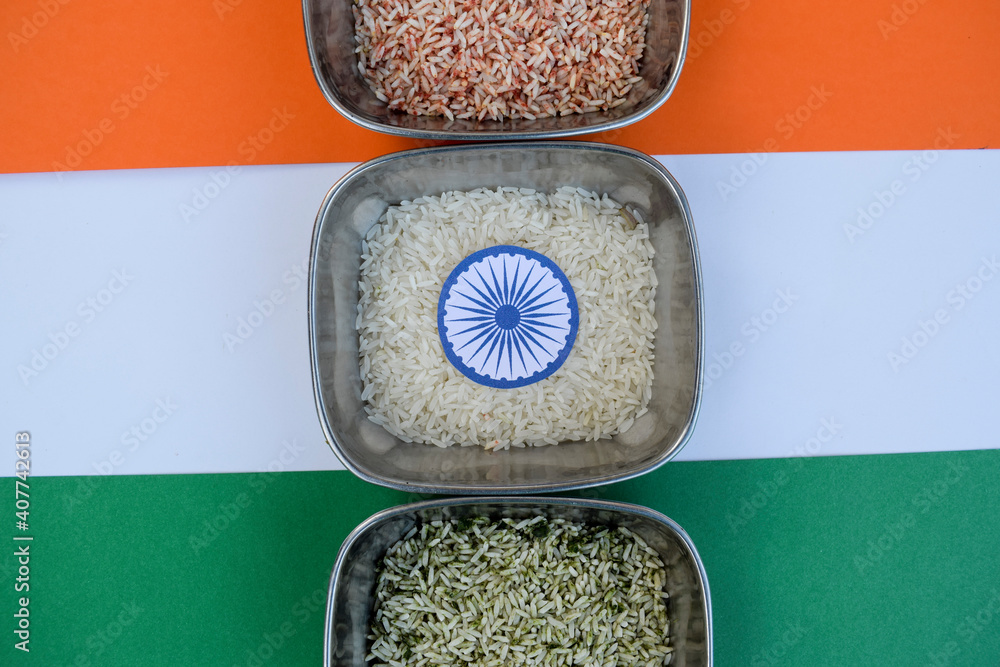 Three colors of rice resembling Indian tri colored India flag with ...