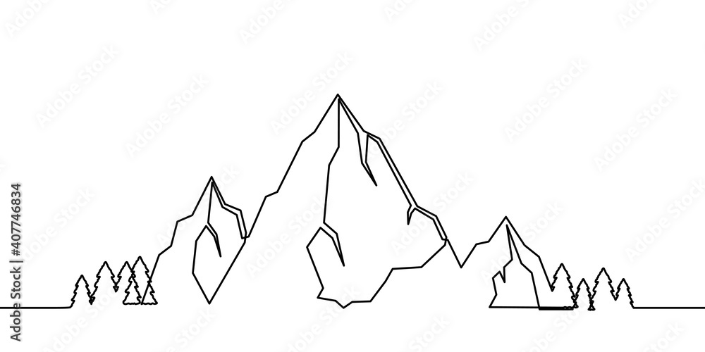 Mountains landscape one line drawing. One continuous line mountain and ...