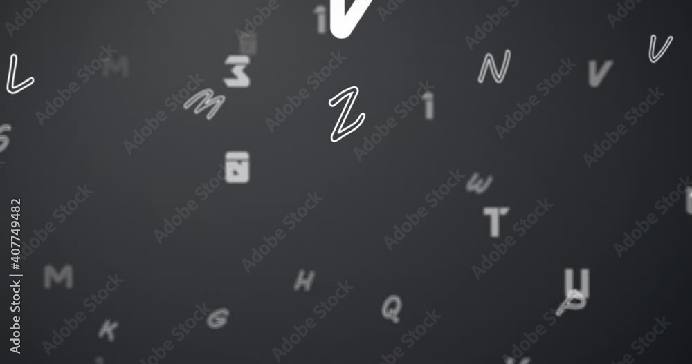 Digital animation of multiple changing numbers and alphabets floating against grey background ...
