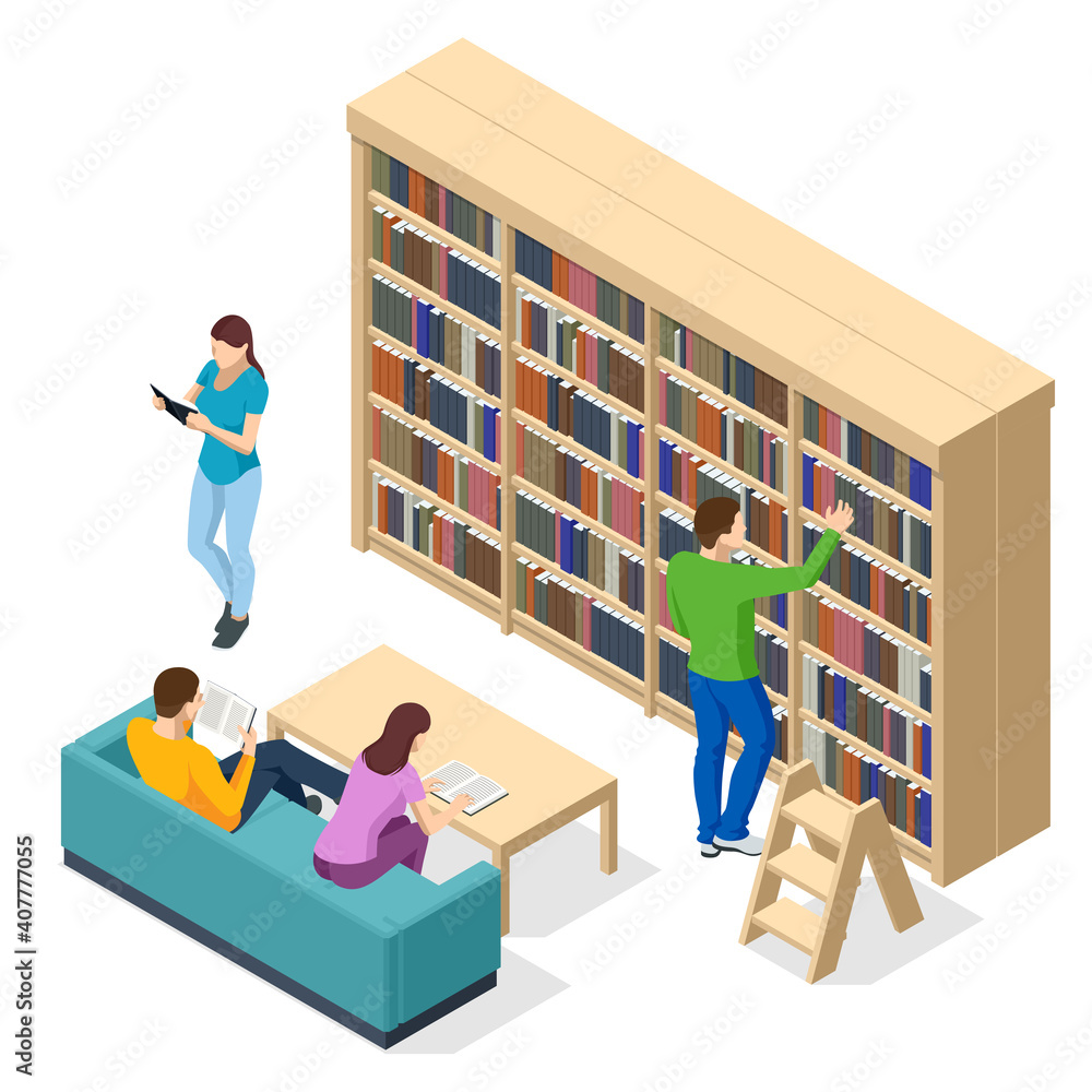 Isometric Bookshelves in the Library. Books in public library. Learning ...