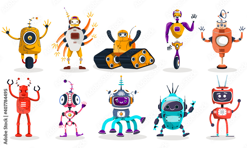 Set of happy funny cartoon waving childish robots. Cute kid cyborgs ...