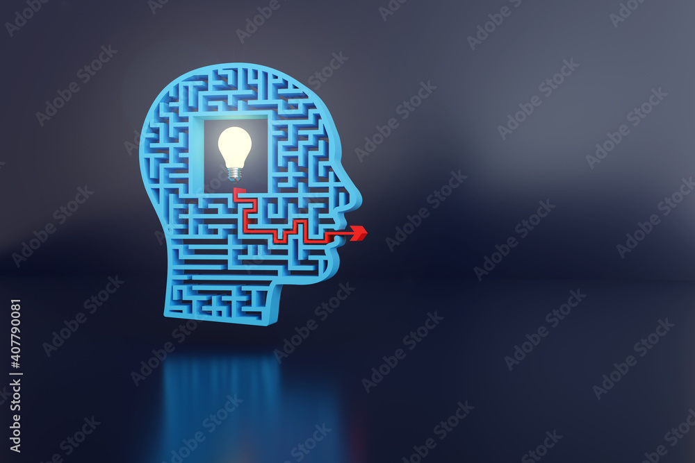 Head-shaped maze with a light bulb in the center and an arrow coming ...