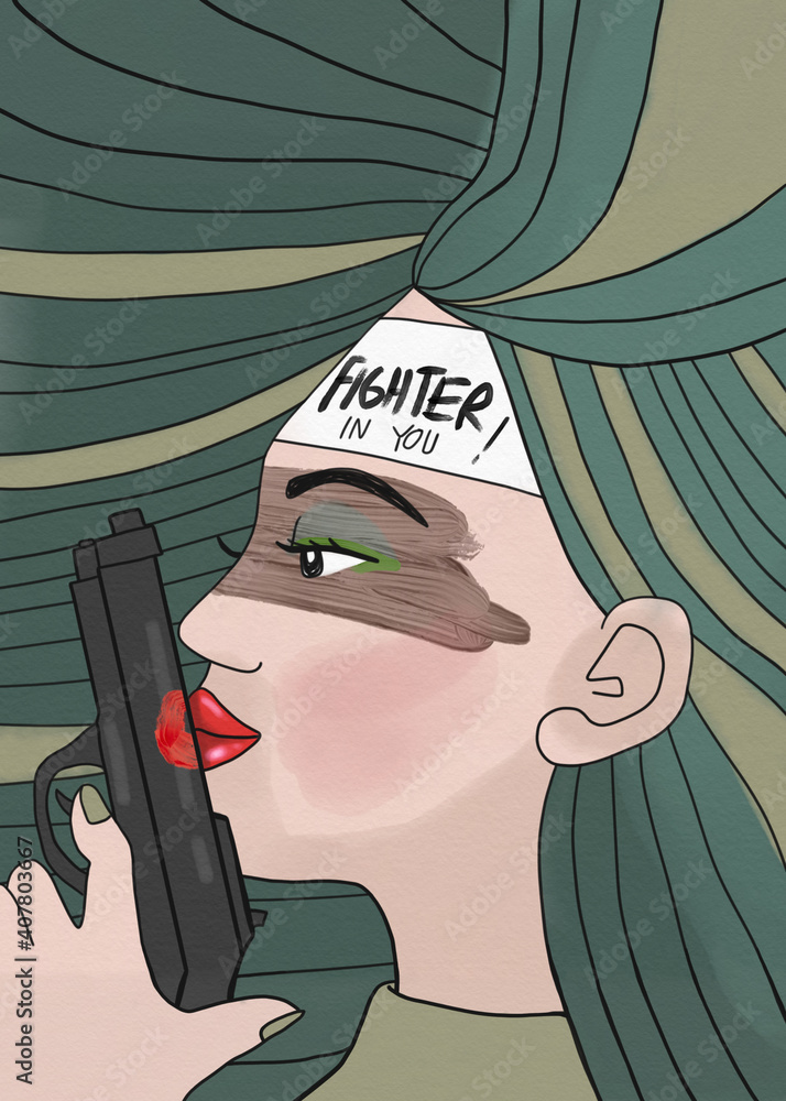 Beautiful woman green hair kissing short gun with word fighter in you ...