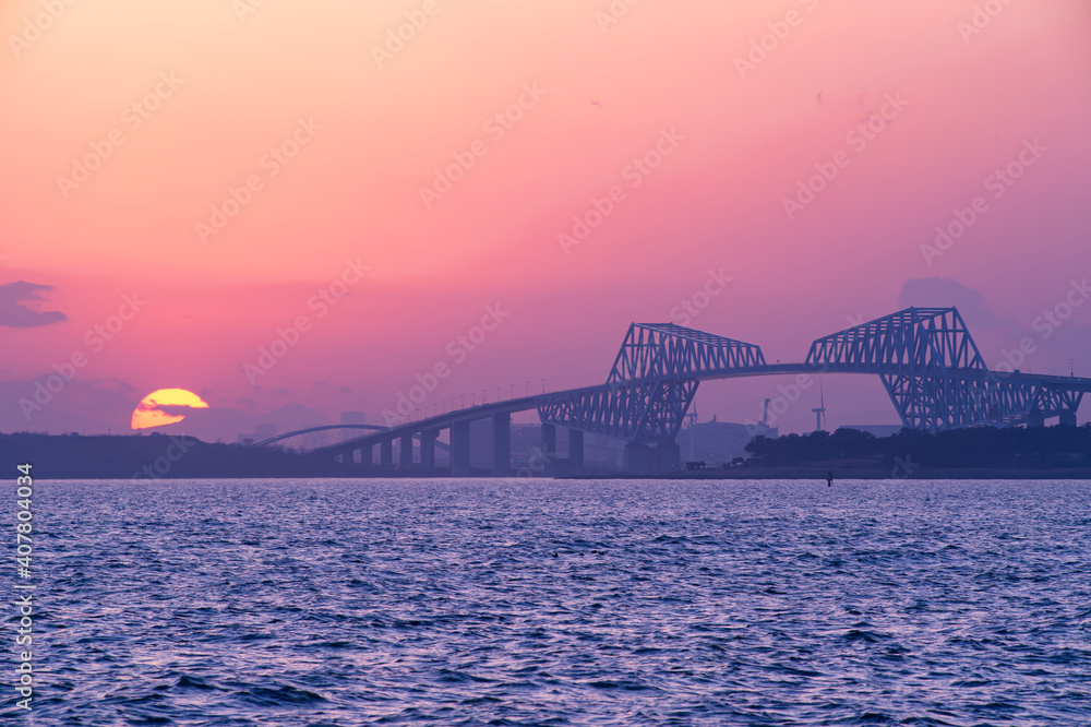 Large Sunset Next to Tokyo Gate Bridge in Japan Stock Photo | Adobe Stock