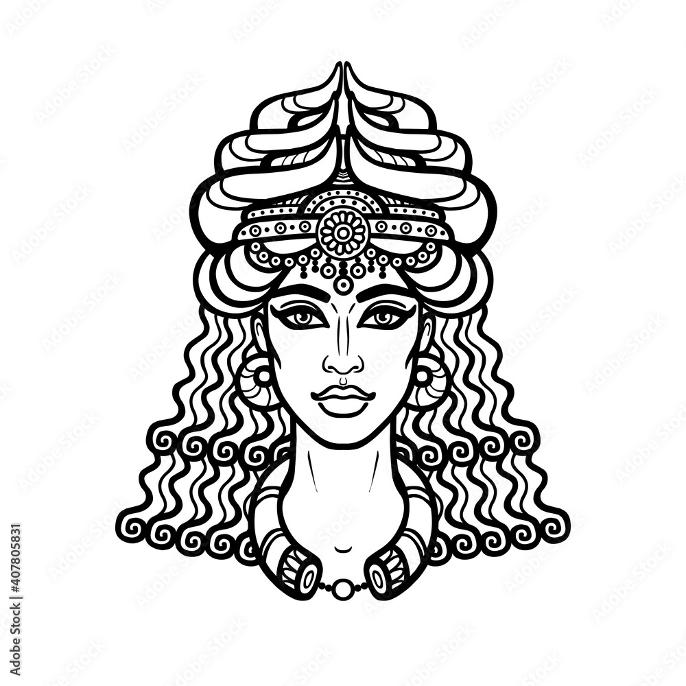 Cartoon drawing: a beautiful woman in a horned crown, a character in ...