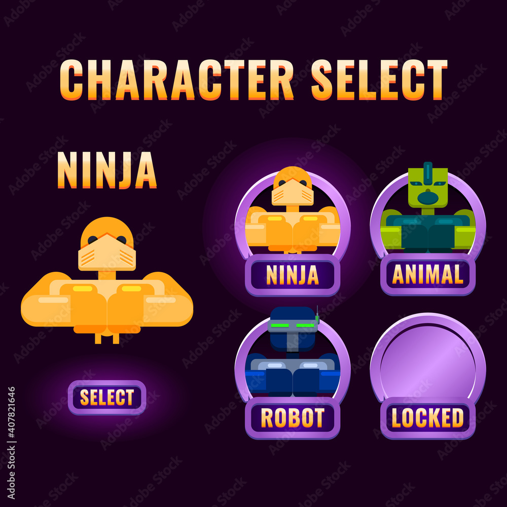 glossy purple rounded Game ui character selection pop up for 2d gui ...